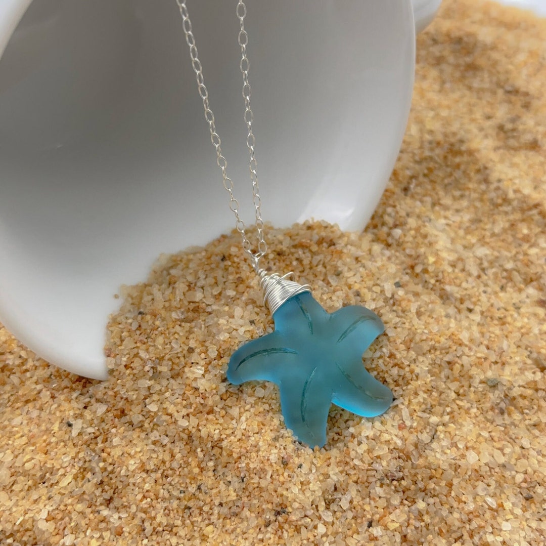 Turquoise Sea Glass Starfish Pendant Necklace on Sterling Silver Chain ...