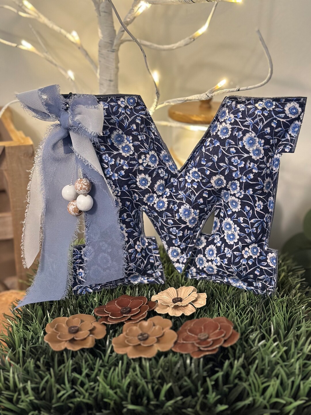 Floral Letter M: Navy Leather Initial With Bow - Etsy