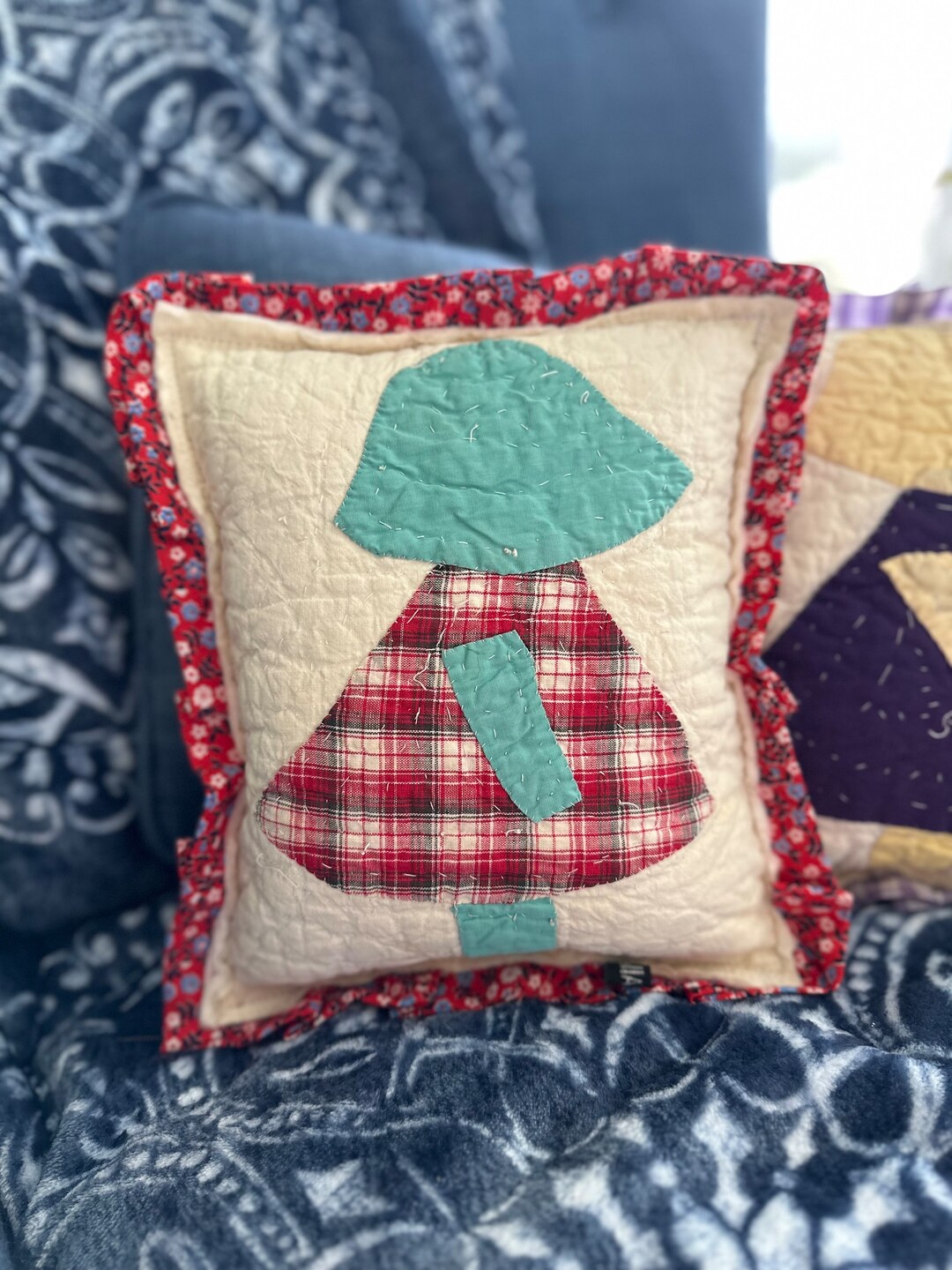 Upcycled Quilt Sun Bonnet Pillow Leather Modern Primitive Farmhouse ...