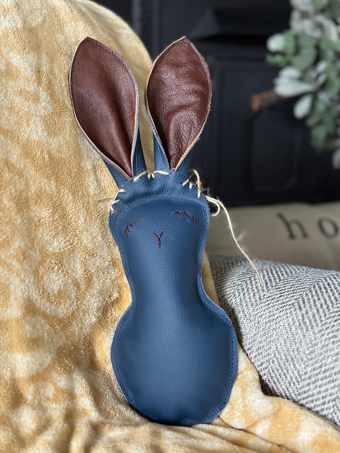 Blue Leather Bunny Rabbit Pillow, Bench Accent, Genuine Leather Plush ...
