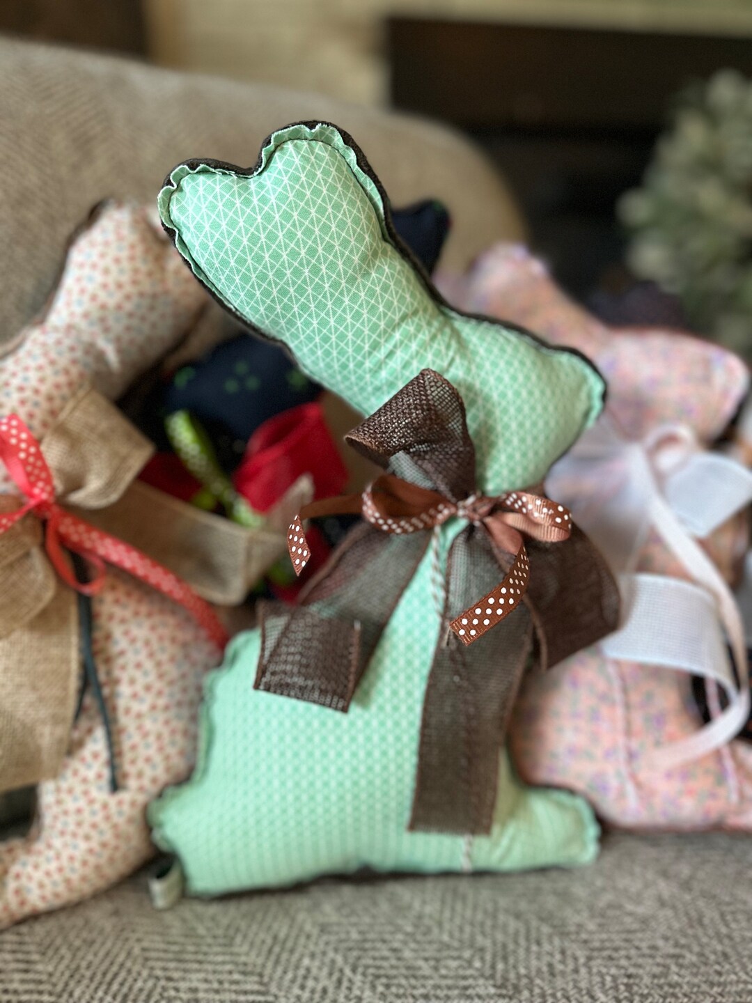 13” Large Rabbit Stuffy With Bow Vintage Fabric & Brown Italian Leather ...