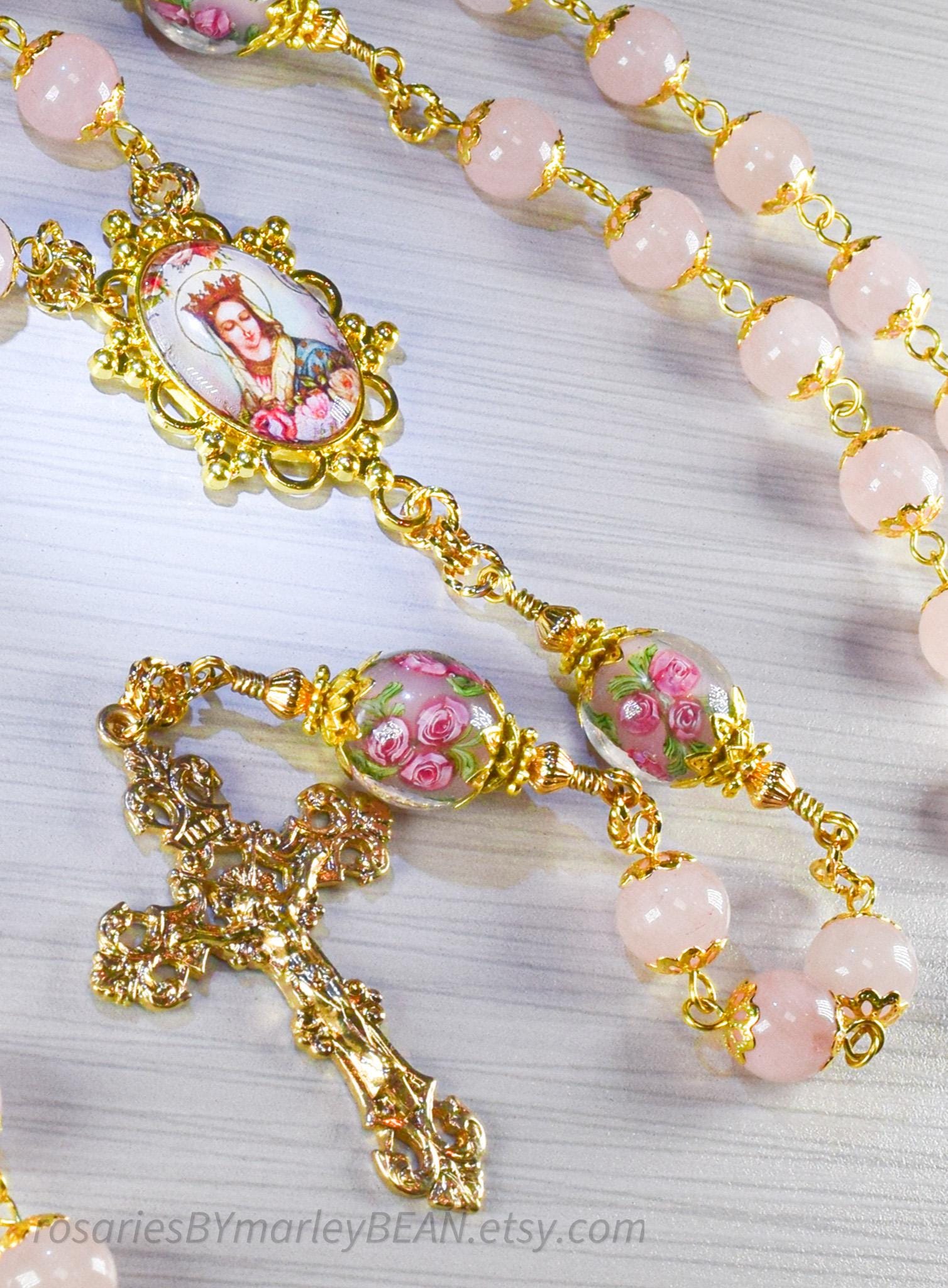 Natural Rose Quartz Catholic 5 Decade Rosary Lamp Work Glass Pink ...