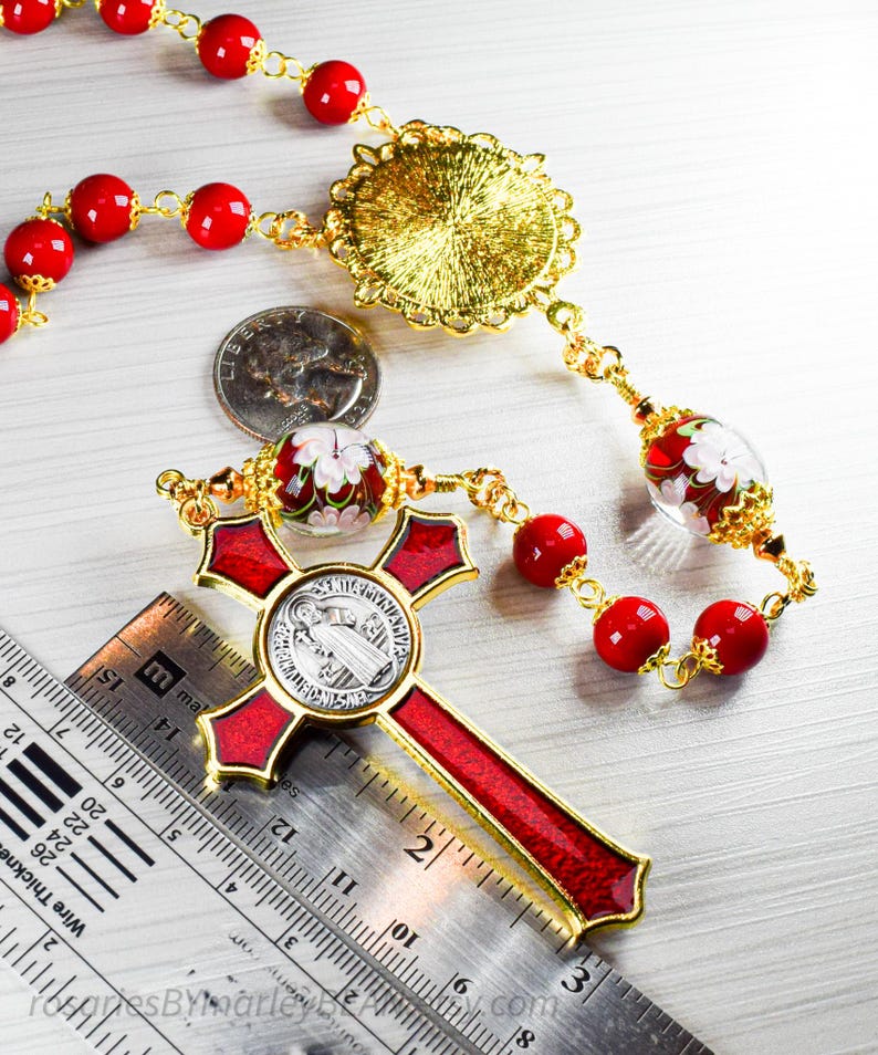 Handmade Catholic Rosary: Red Ceramic Beads, St Benedict Crucifix - Etsy