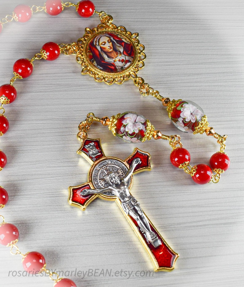 Handmade Catholic Rosary: Red Ceramic Beads, St Benedict Crucifix - Etsy