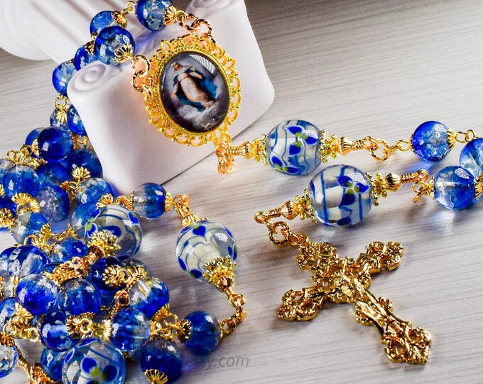 Blue Fluorescent Handmade Glass Catholic 5 Decade Rosary Blessed Mother ...