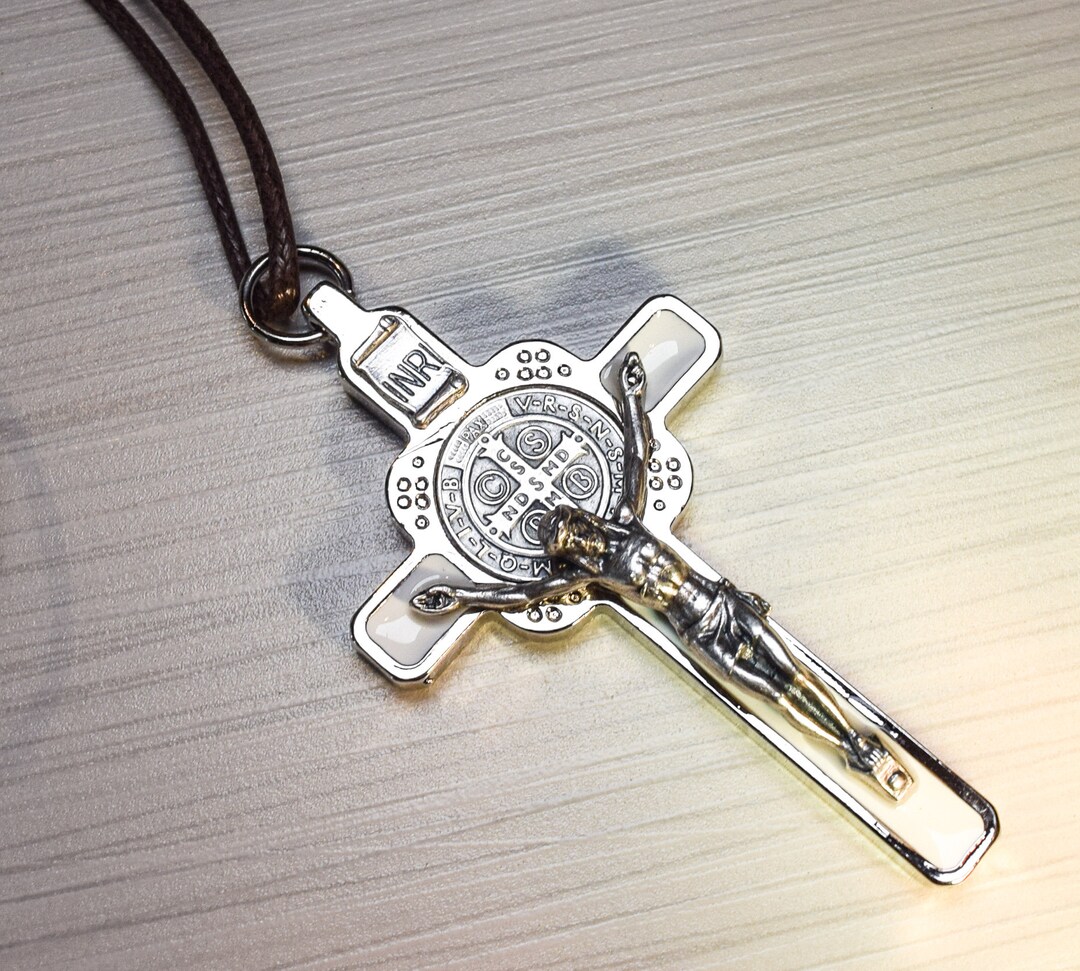 St Benedict Crucifix Pendant Stainless Steel White Enamel Front Back ...