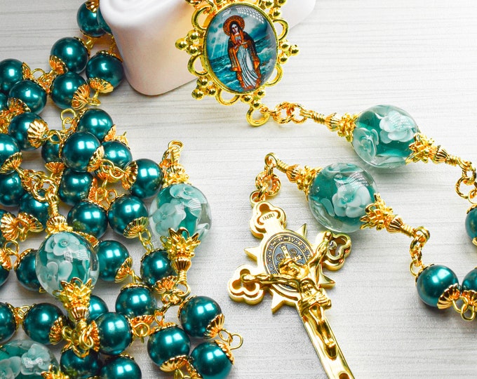 Catholic 5 Decade Handmade Rosary Teal Green Czech Crystal Glass Pearls ...
