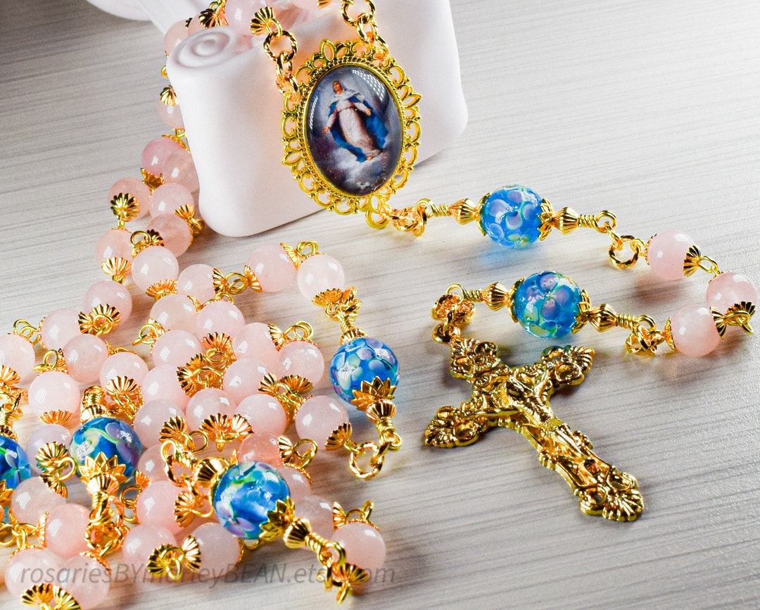 Natural Rose Quartz 5 Decade Catholic Rosary Italian Made Gold Tone ...