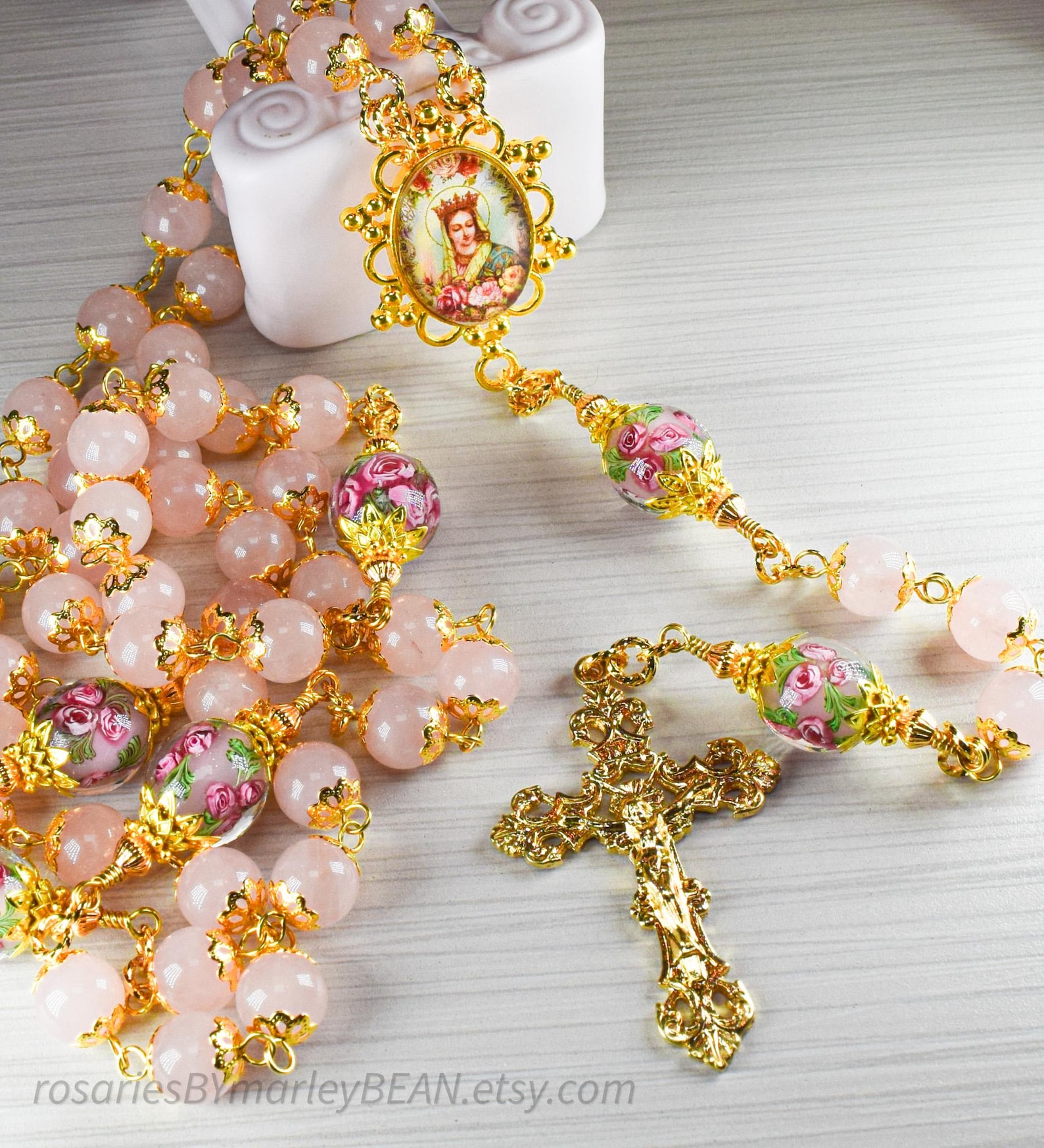 Natural Rose Quartz Catholic 5 Decade Rosary Lamp Work Glass Pink ...