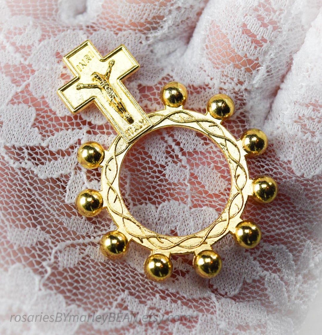 One Decade Finger Rosary Ring Stamped ITALY Crucifix Our Father Station ...