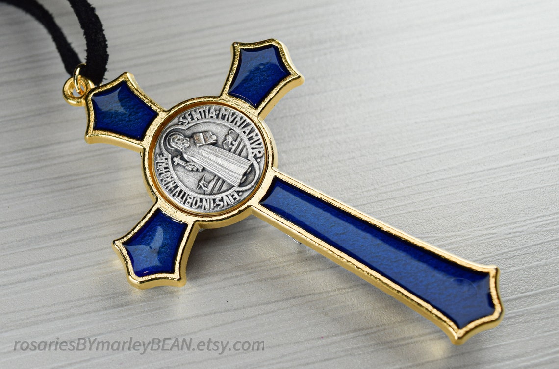 Blue Enamel St Benedict Crucifix, Italian Made, Black Cord - Etsy