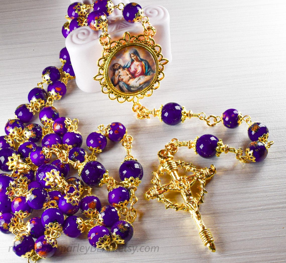 Pieta Purple Gold Handmade Rosary Purple Blue Hail Mary Glass Beads ...