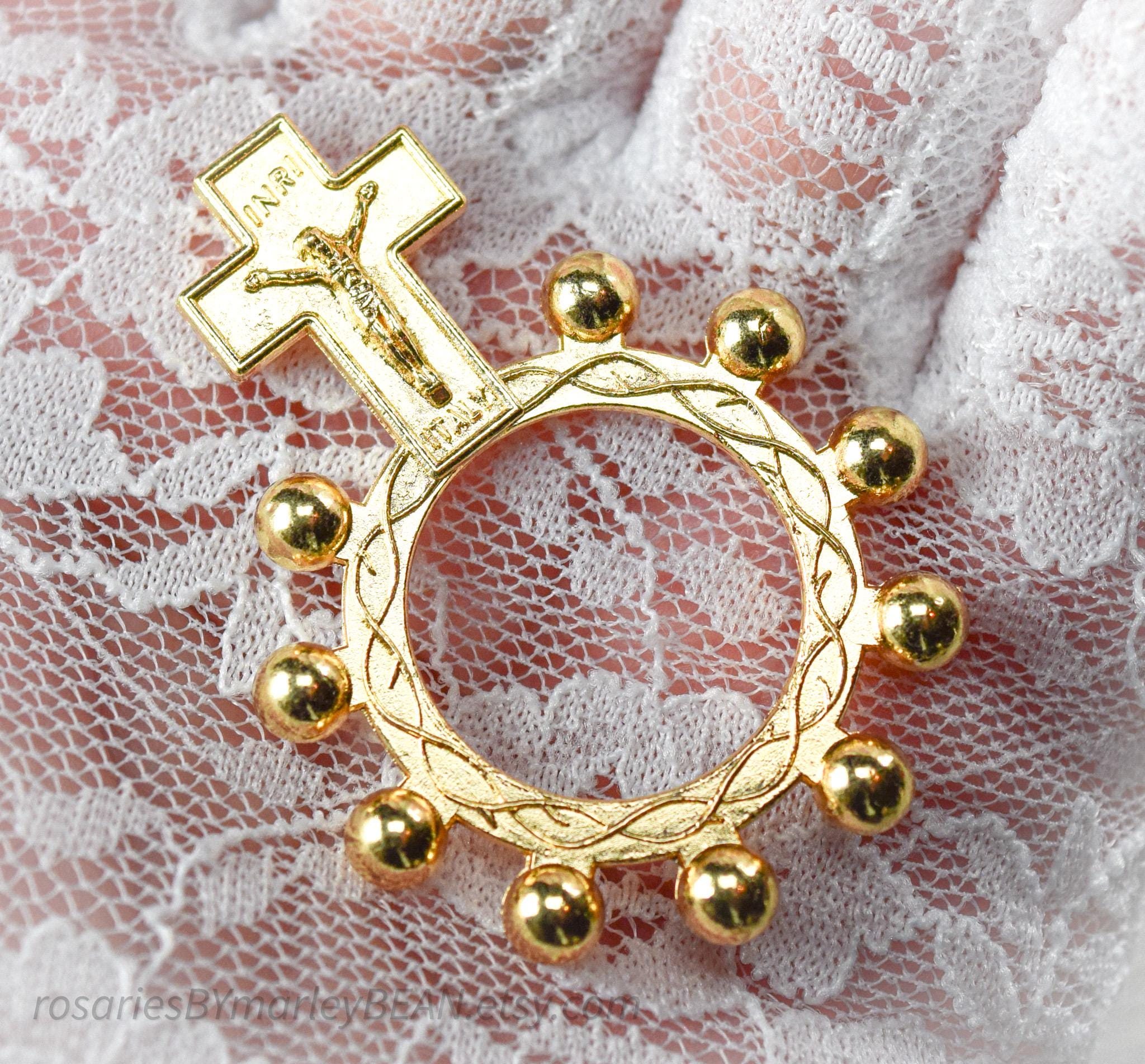 One Decade Finger Rosary Ring Stamped ITALY Crucifix Our Father Station ...