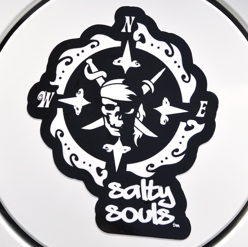 Salty Souls Pirate Skull & Compass Die Cut Sticker Decal Surf Fishing ...