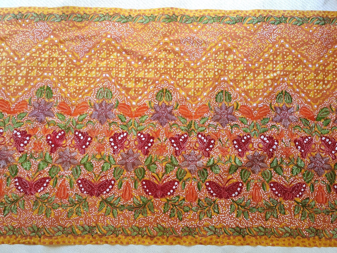 Indonesian Batik Fabric, Yellow Floral With Parang, Hand Drawn Batik ...