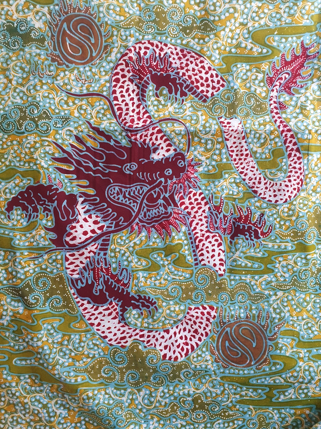 Indonesian Batik Hand Drawn on Cotton Fabric for Shirts. Red Dragon on ...
