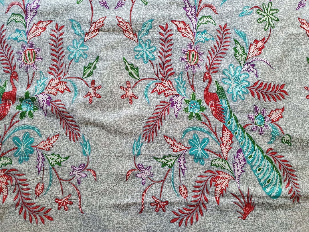 Indonesian Batik Fabric, Asian Art Peacock Design, Sarong Fabric in Red ...