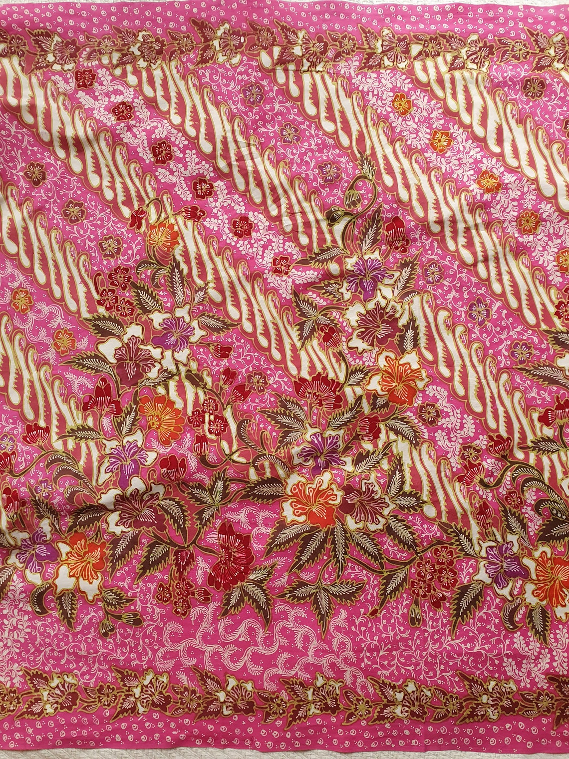 Indonesian Batik Sarong or Kebaya Skirt, Pink Floral and Parang Lereng ...