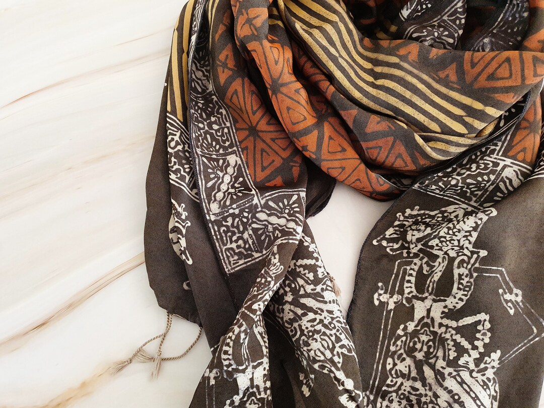 Art Silk Asian Boho Shawl, Batik Scarf Indonesian-javanese Wayang Style ...