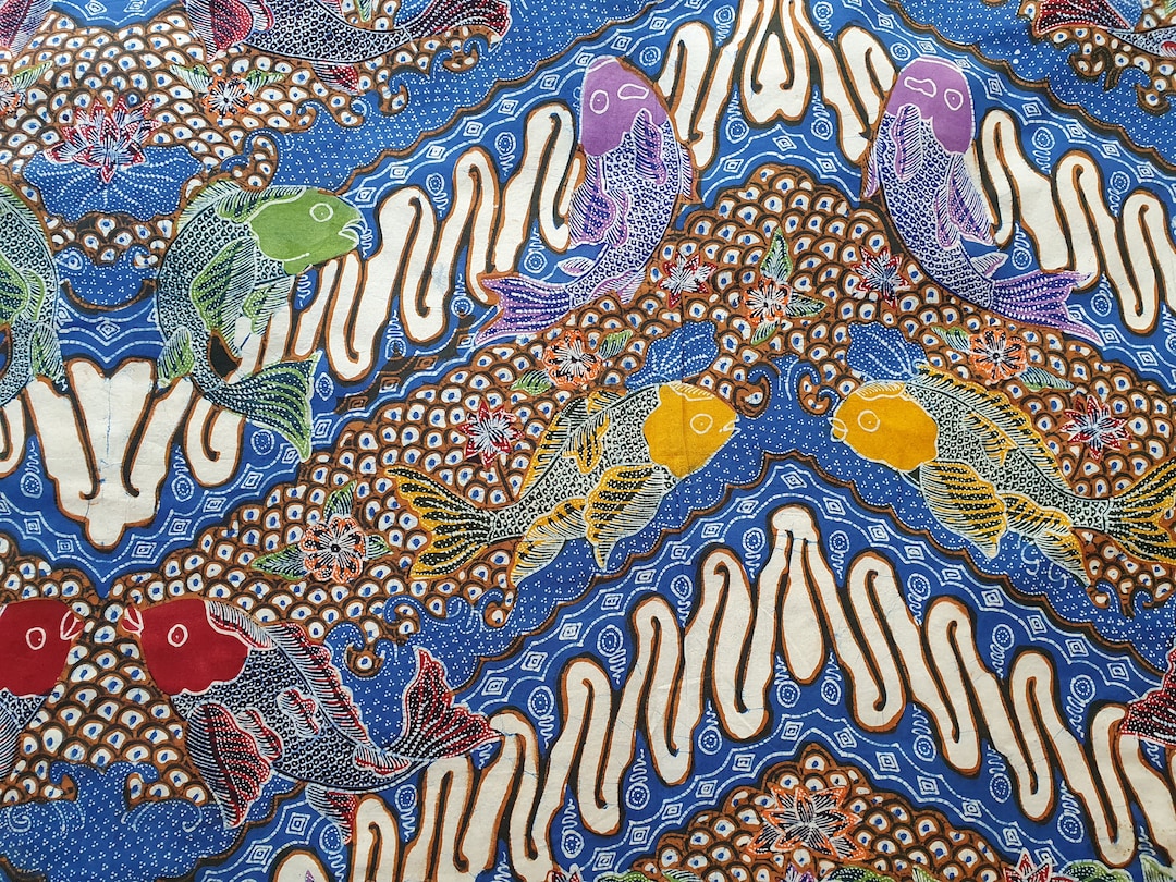 Indonesian Batik Tulis, Parang Koi Fish Pond in Blue Asian Art Fabric ...