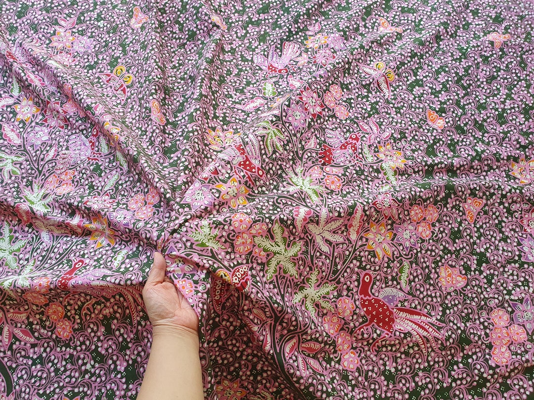 Bottle Green and Pink Floral and Bird Indonesian Batik Fabric - Etsy