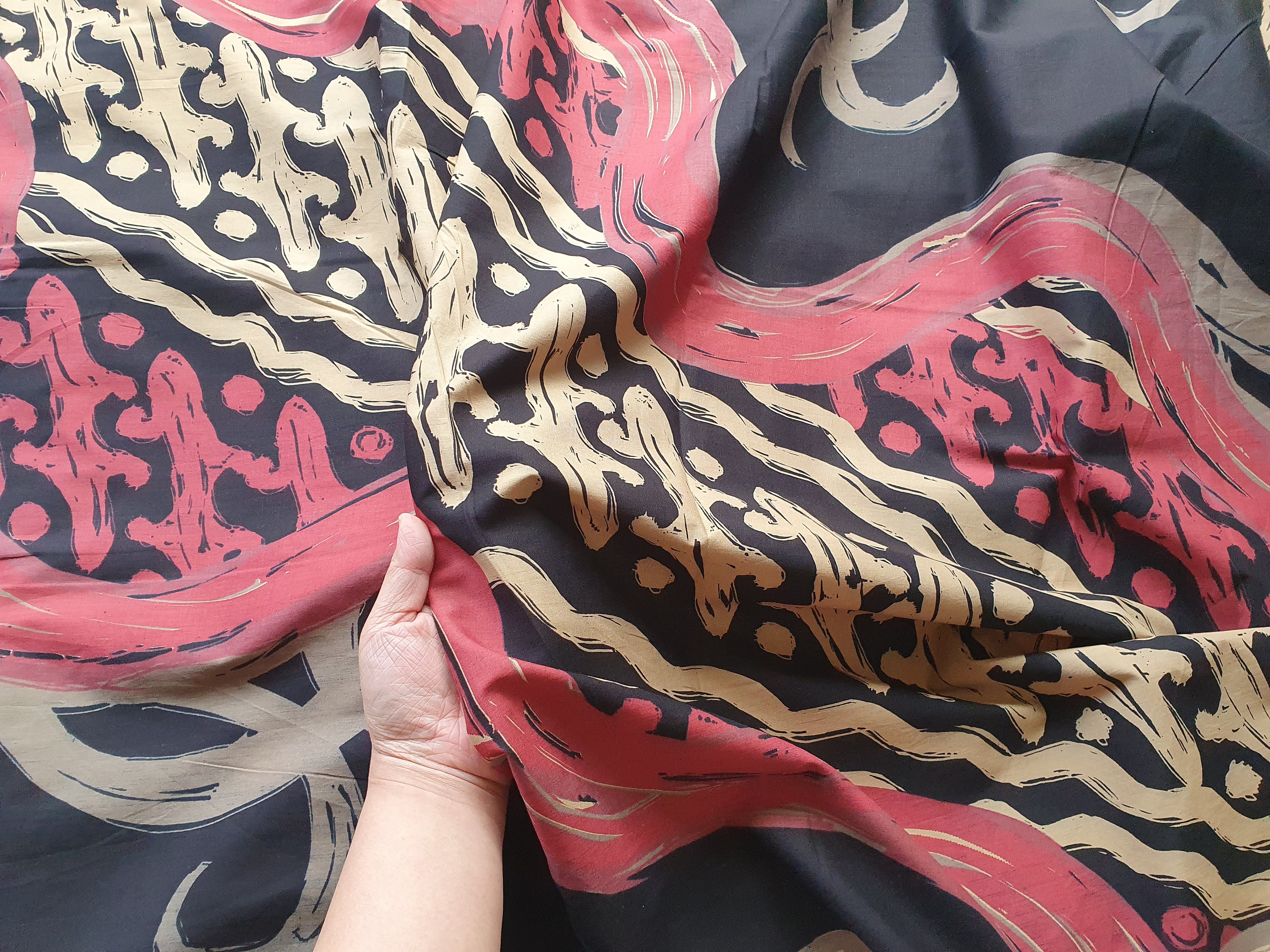 Modern Batik Parang Inspired, Abstract Hand Printed Fabric Red Black ...