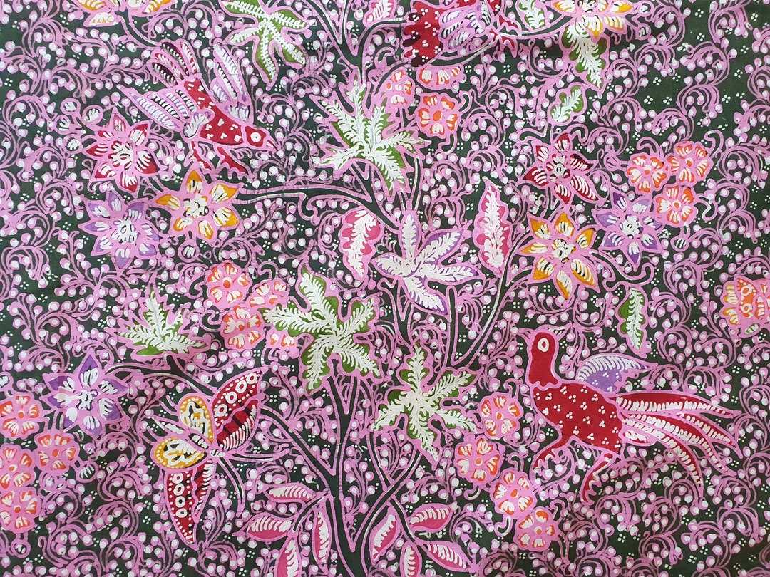 Bottle Green and Pink Floral and Bird Indonesian Batik Fabric, Javanese ...
