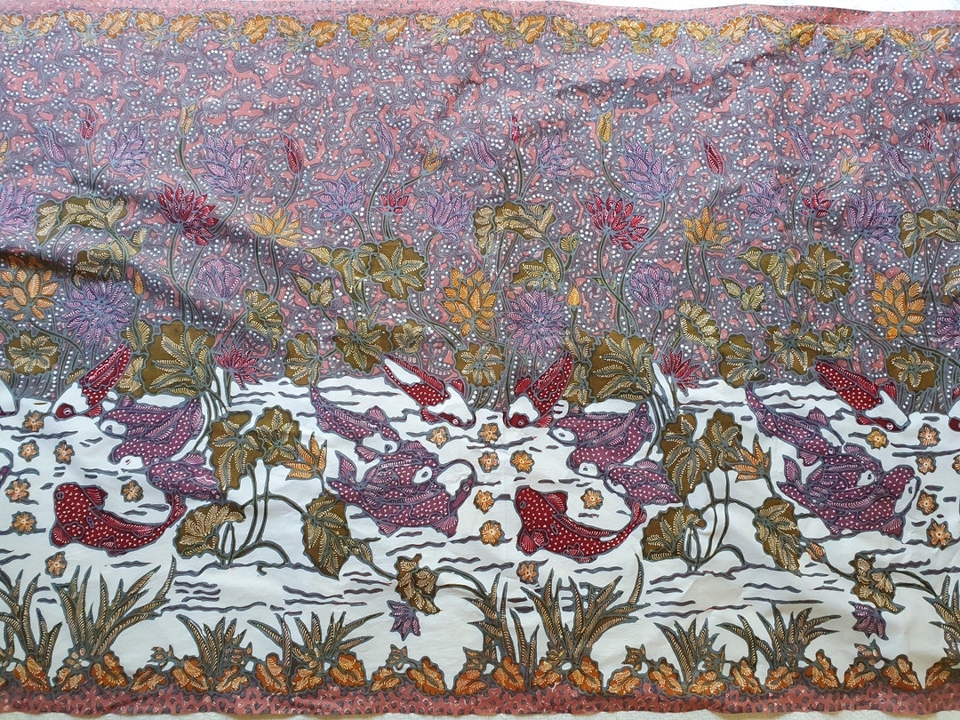 Indonesian Batik Fabric, Asian Art of Nishikigoi or Koi Fish Pond in ...