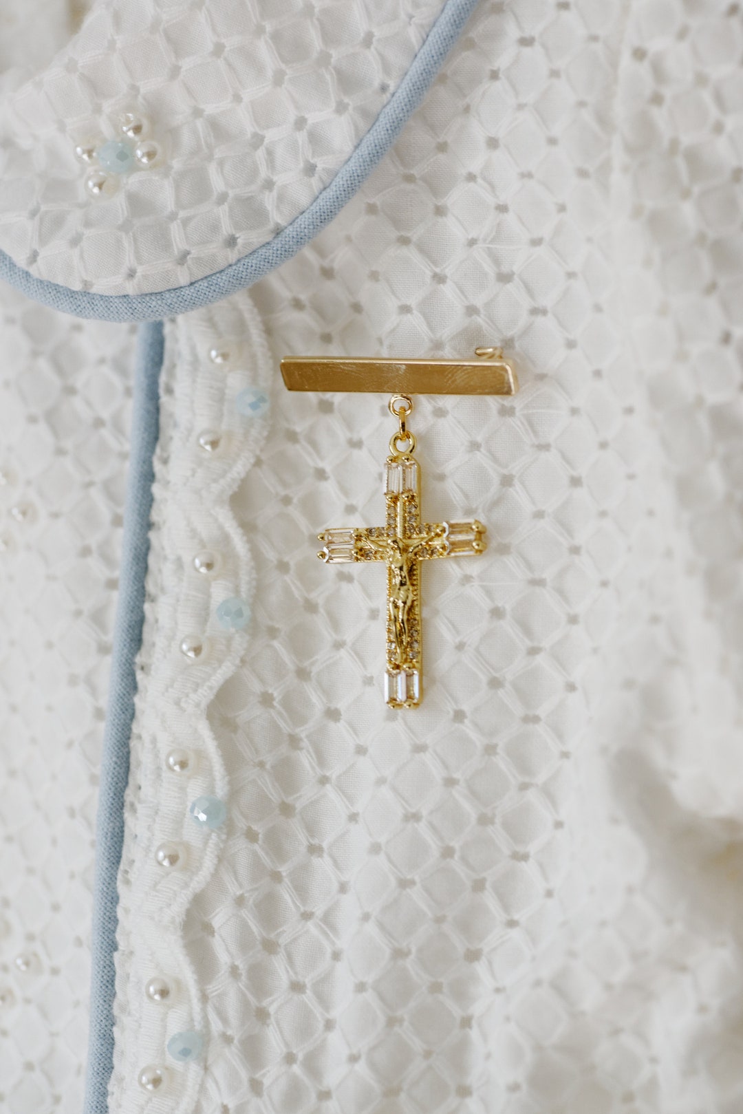 Gold Plated Baptism Bar Pin With Crusifix and Chain | Primera Comunion Cross Pin | Baptismal or ...