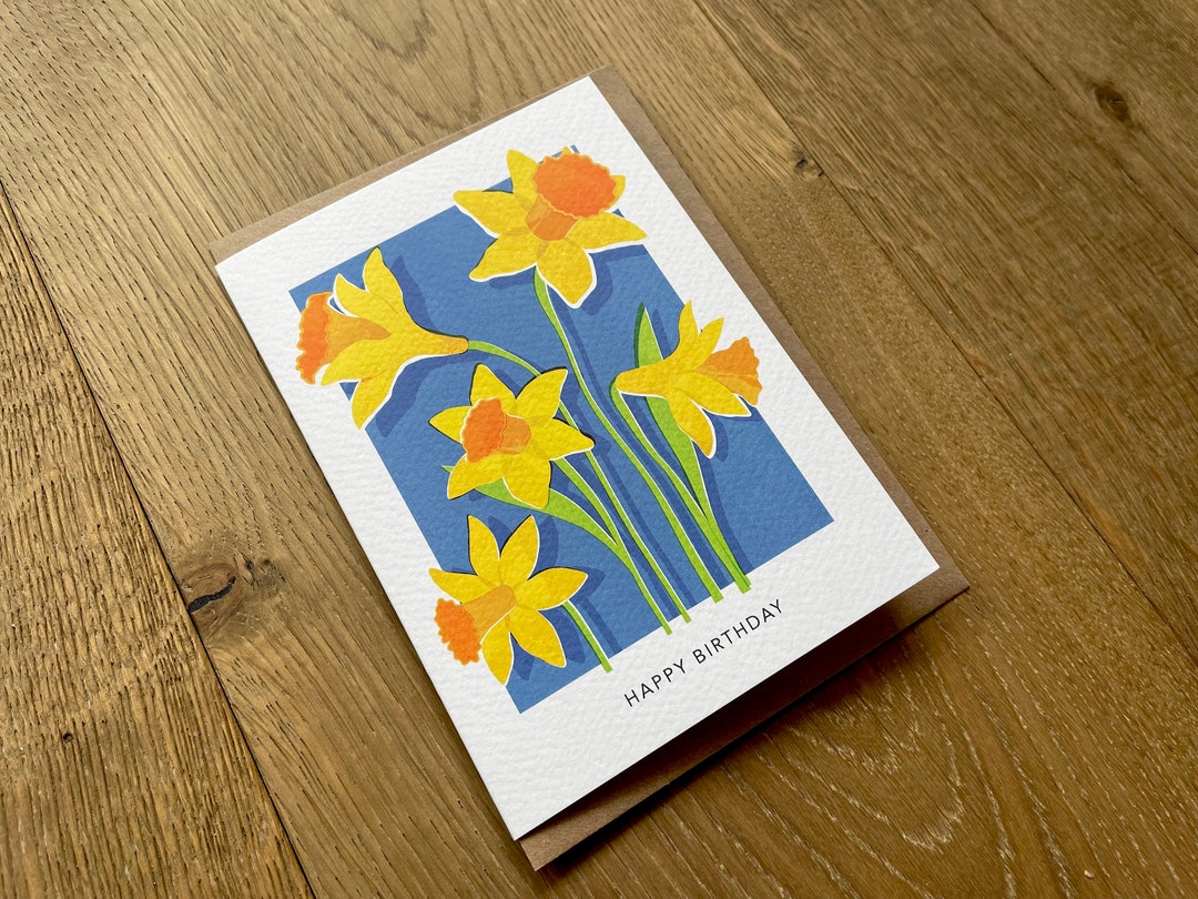 Happy Birthday Daffodil Birthday Card / Floral Illustration Greetings ...