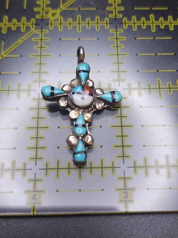 Signed Zuni Inlay Cross Pendant - Gem