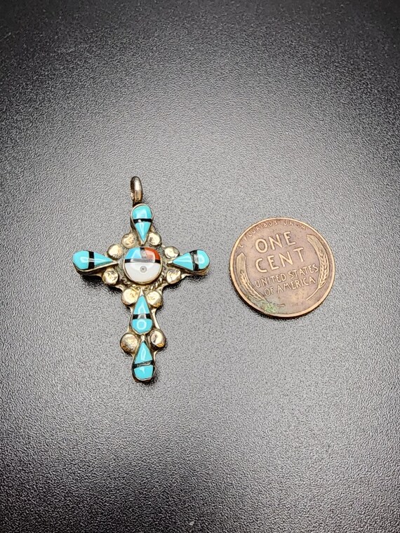 Signed Zuni Inlay Cross Pendant - Gem