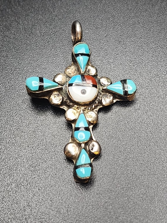 Signed Zuni Inlay Cross Pendant - Gem