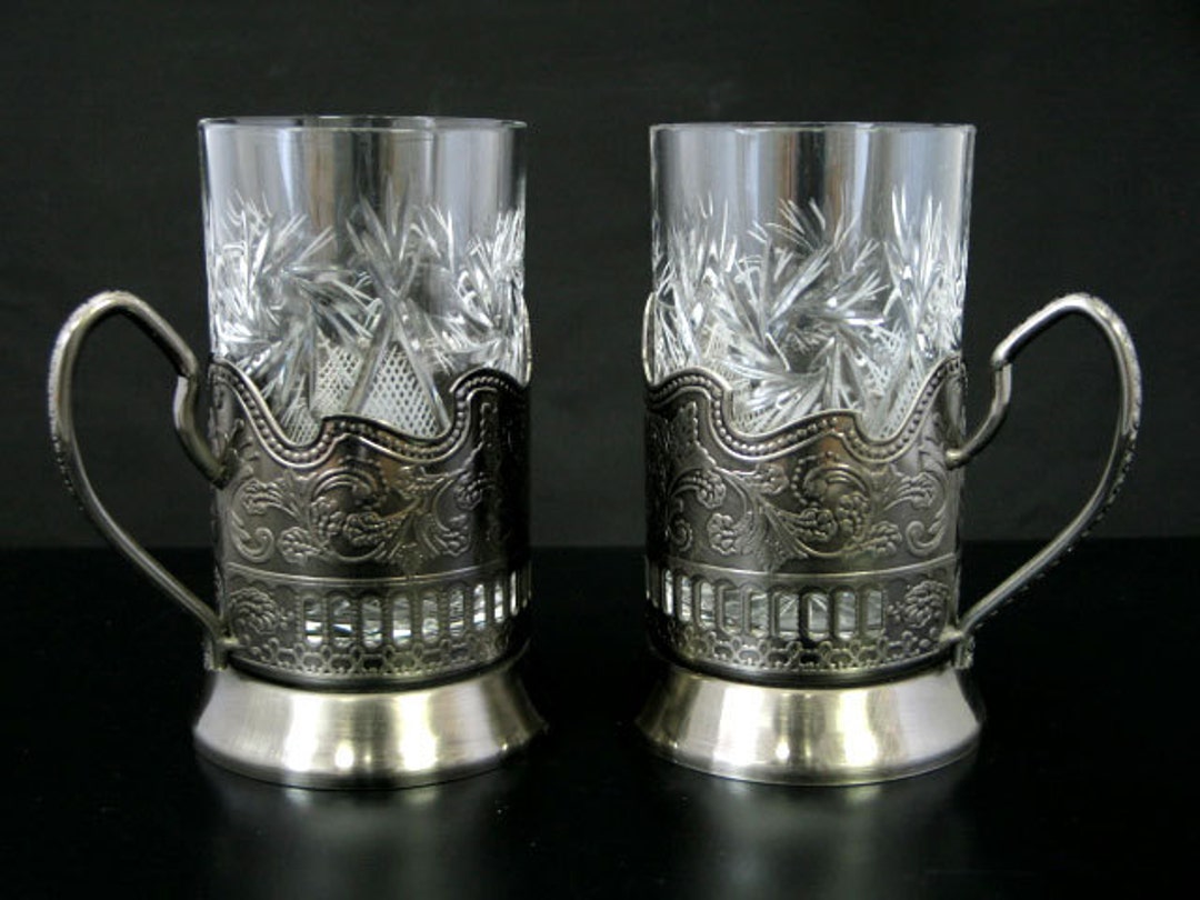 Set of 2 NEW Russian European Cut Crystal Tea Glasses 8.5 Oz. W/metal ...