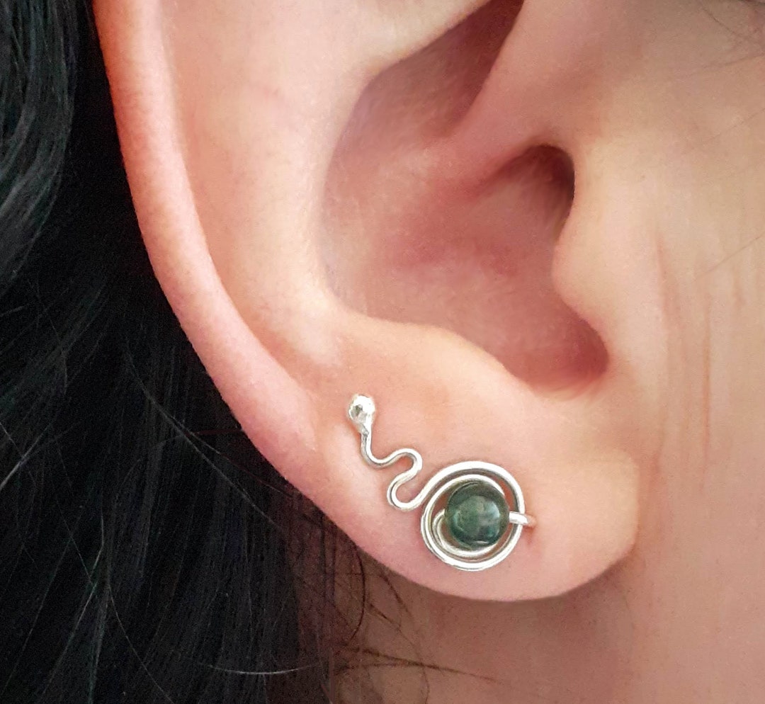 Green Ear Cuffs, Silver Ear Climbers With Dark Green Stone, Cute ...