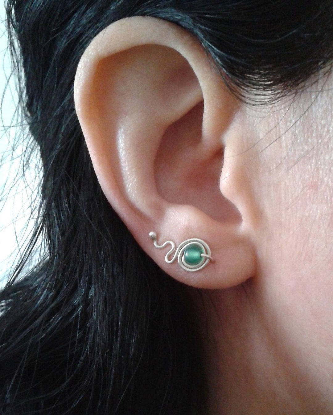 Silver Ear Cuffs, Cute Ear Jackets, Green Agate Earrings, up the Ear ...