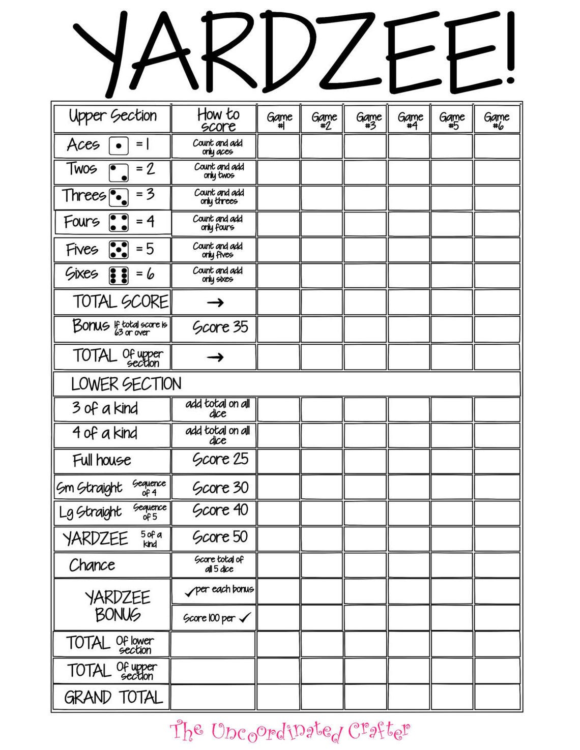 Printable 11X17 YARDZEE Score Card File With Uncoordinated Crafter Logo ...