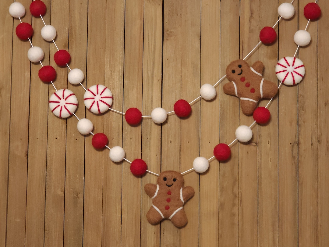 Gingerbread Peppermint Felt Ball Garland, Red and White Christmas Tree ...