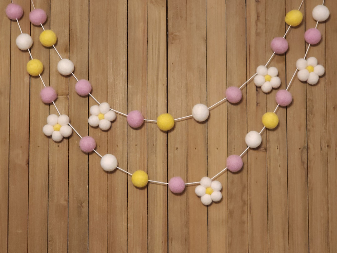 Pink and Yellow Daisy Felt Ball Garland, Girl Nursery Decor, Baby ...