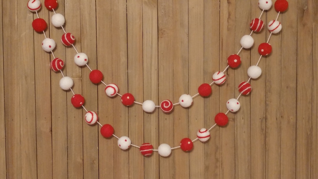 Candy Cane Felt Ball Garland, Christmas Tree Decoration, Holiday Mantel ...