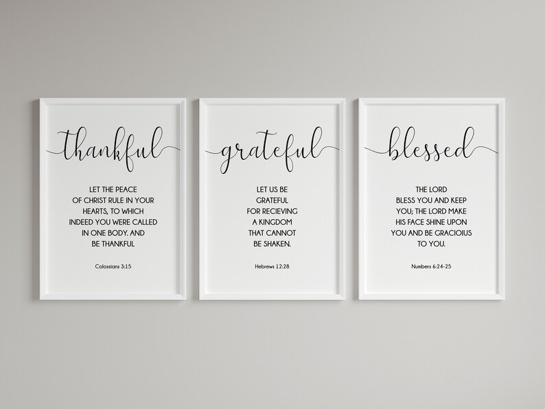 Thankful, Grateful, Blessed, Set of 3 Prints, Scripture Home Decor ...