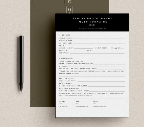 Senior Photography Questionnaire Senior Photographer Forms | Etsy