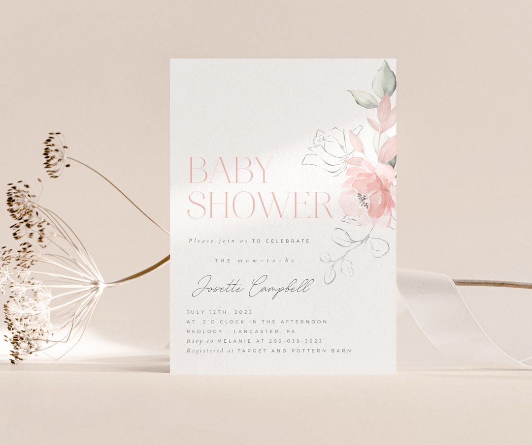 Rose Baby Shower Invite, Baby Shower Invitation, Pink Roses, Watercolor ...