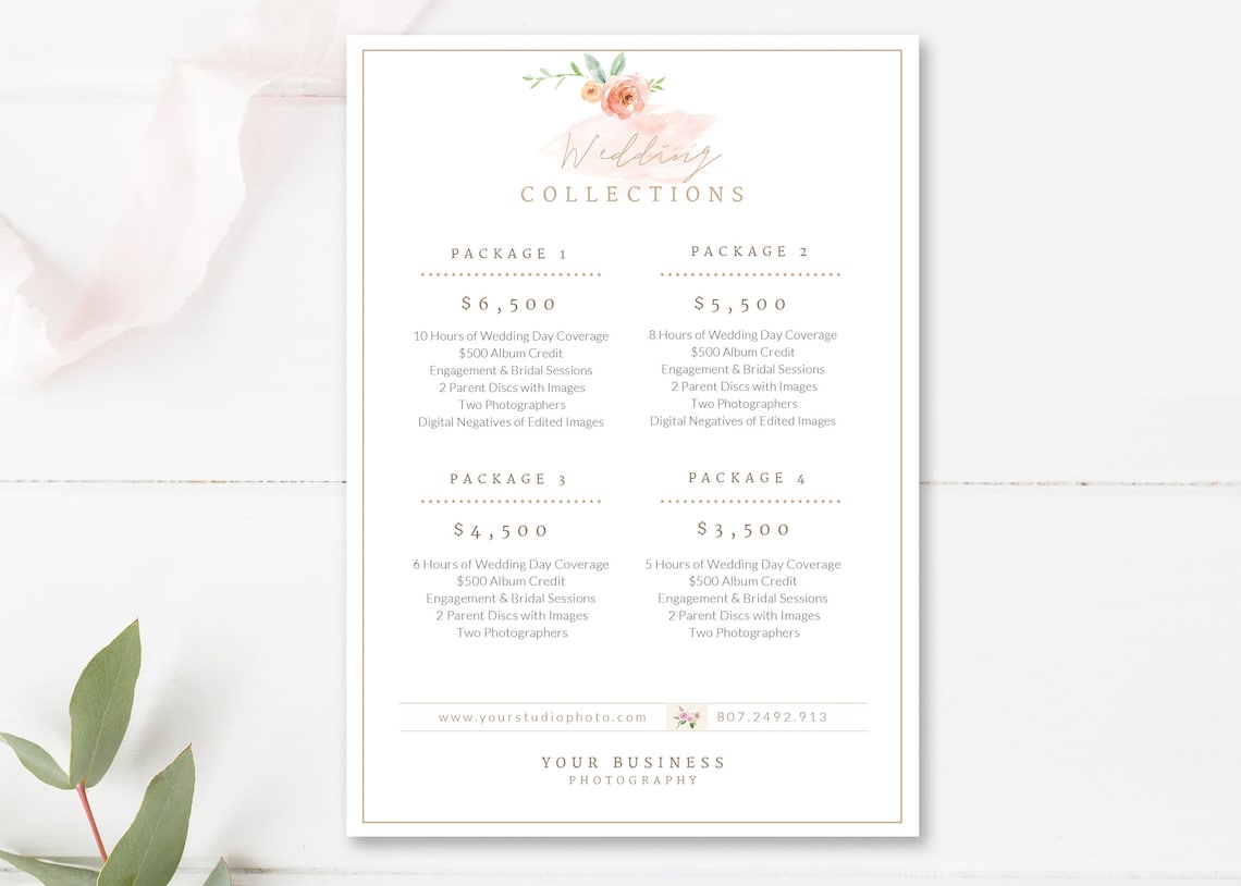 Photography Price List Template Wedding Price Sheet - Etsy