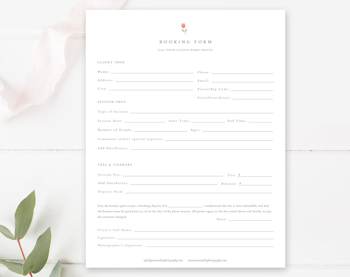 Photography Booking Form Template Sign-up Form Photography - Etsy
