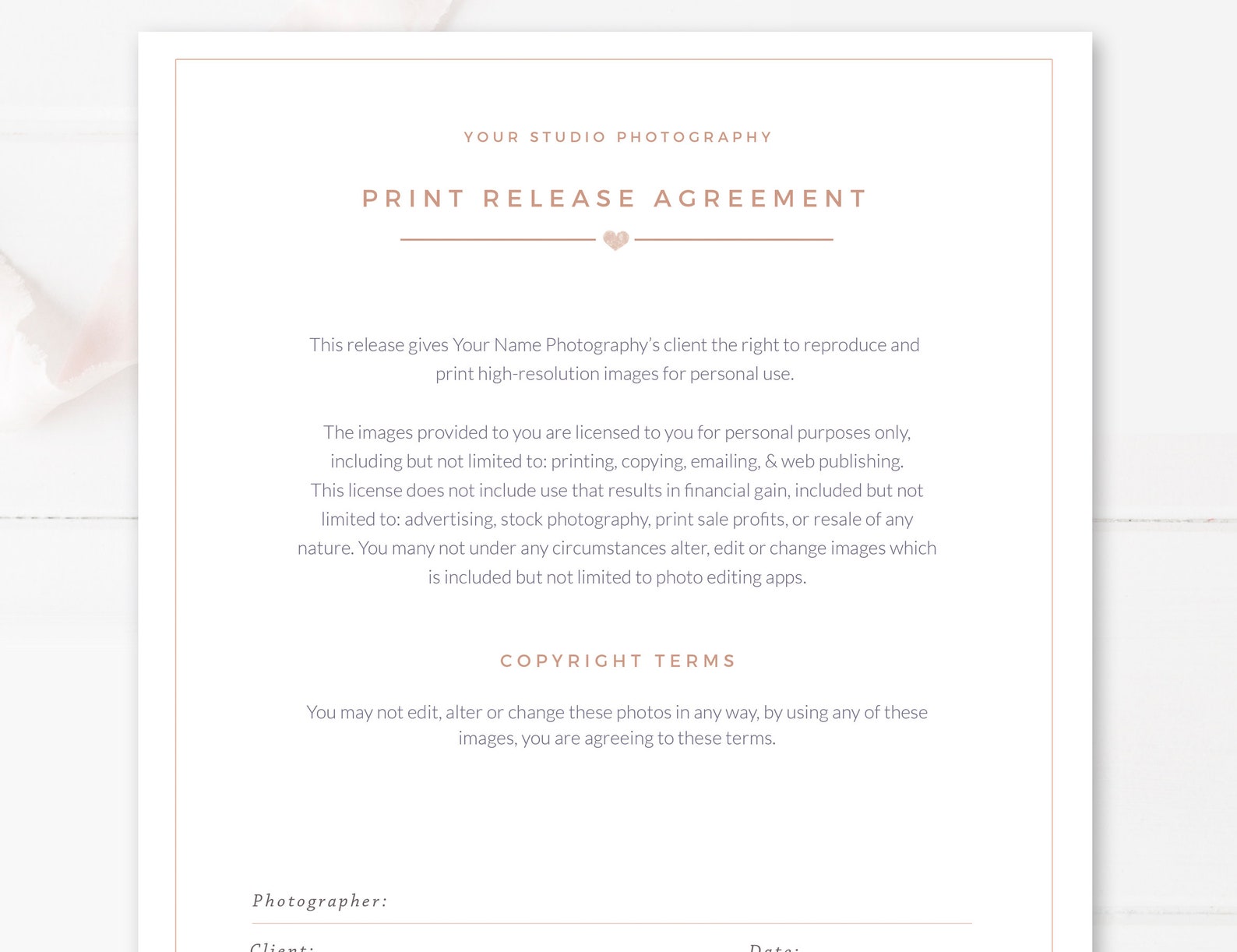 Photographer Print Release Agreement Form Print Release - Etsy