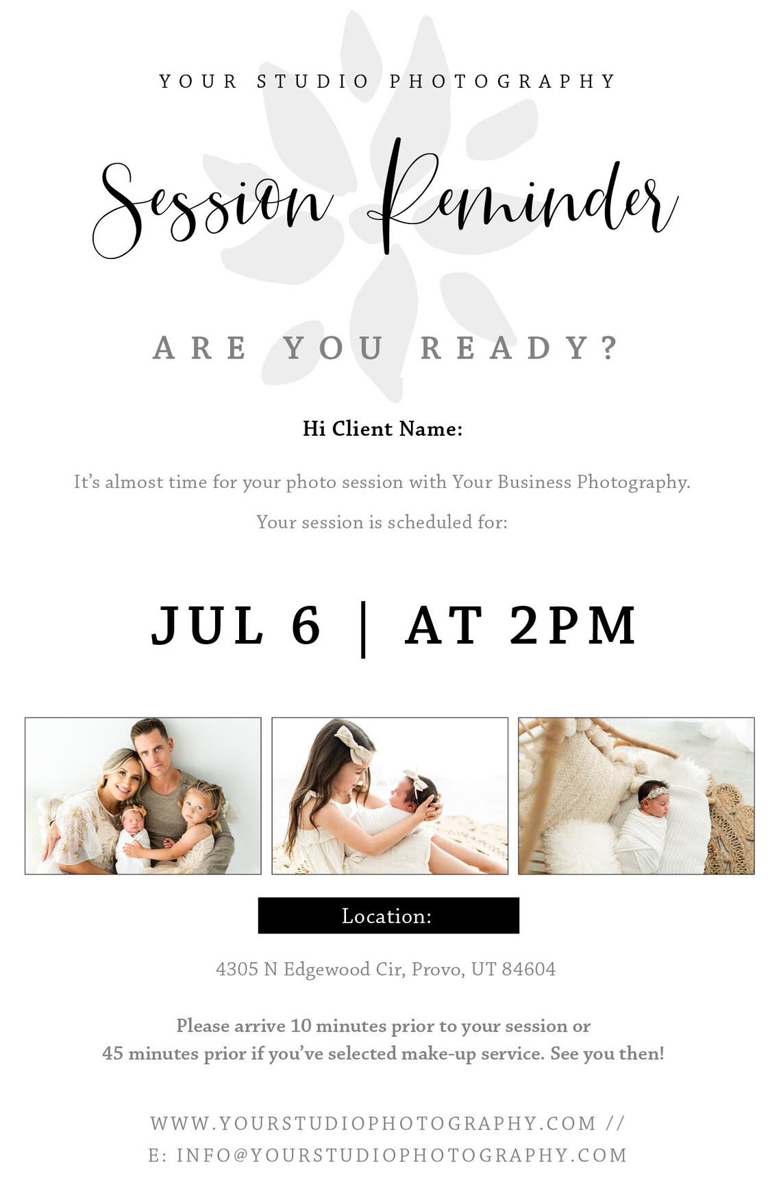 INSTANT DOWNLOAD Photography Session Reminder Template | Etsy