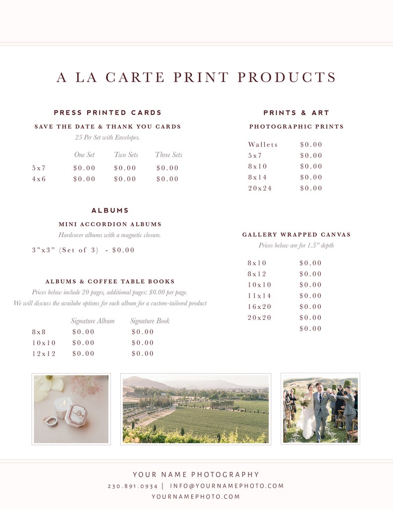 Photography Price List Template for Photoshop Photography - Etsy