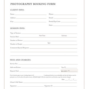 Photography Booking Form, Photographer Business Forms, Registration ...