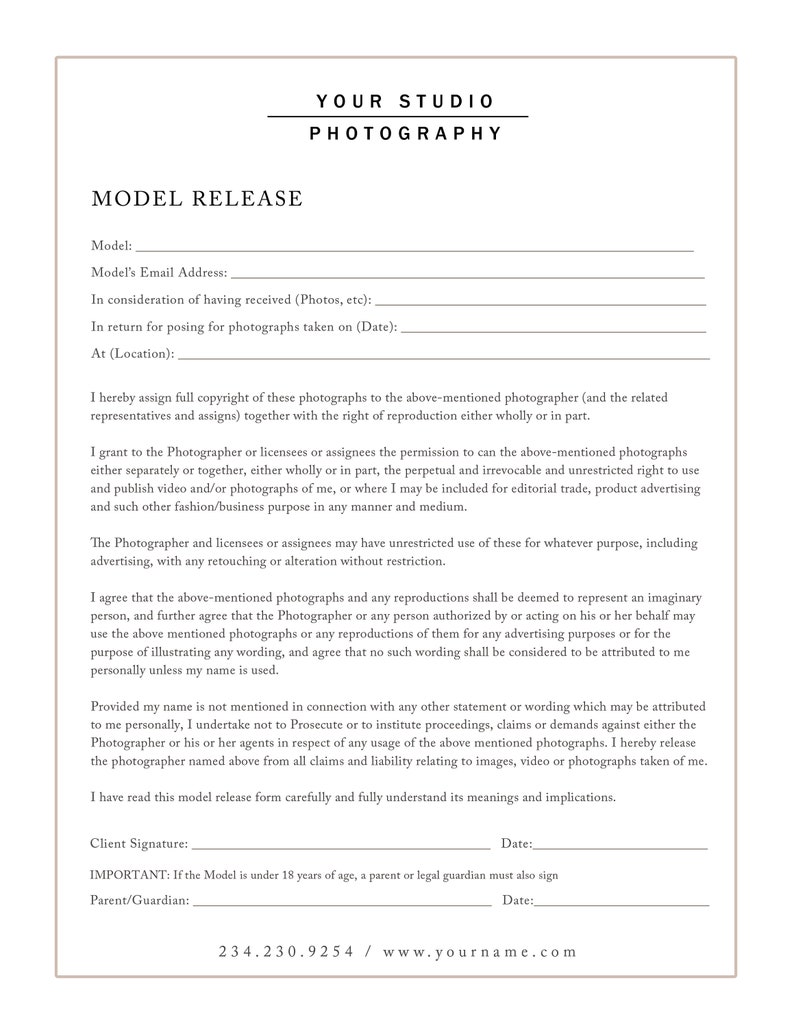 Photography Model Print Release Template Photography Form | Etsy